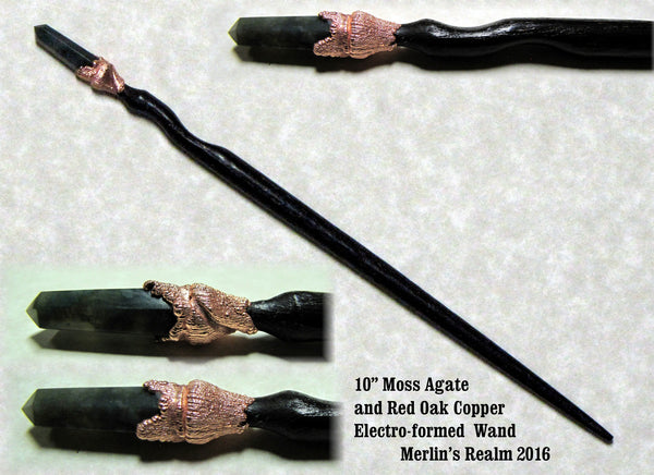 Moss Agate Red Oak Copper Electro-formed Magic Wand – Merlin's Realm
